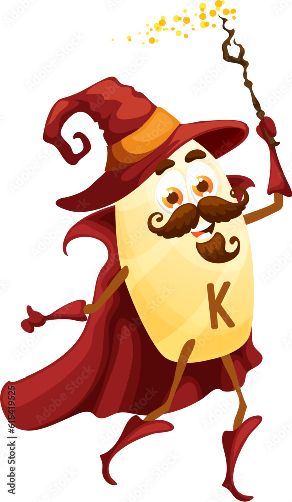 Cartoon vitamin K mage character with magic wand. Vector phytonadione ...