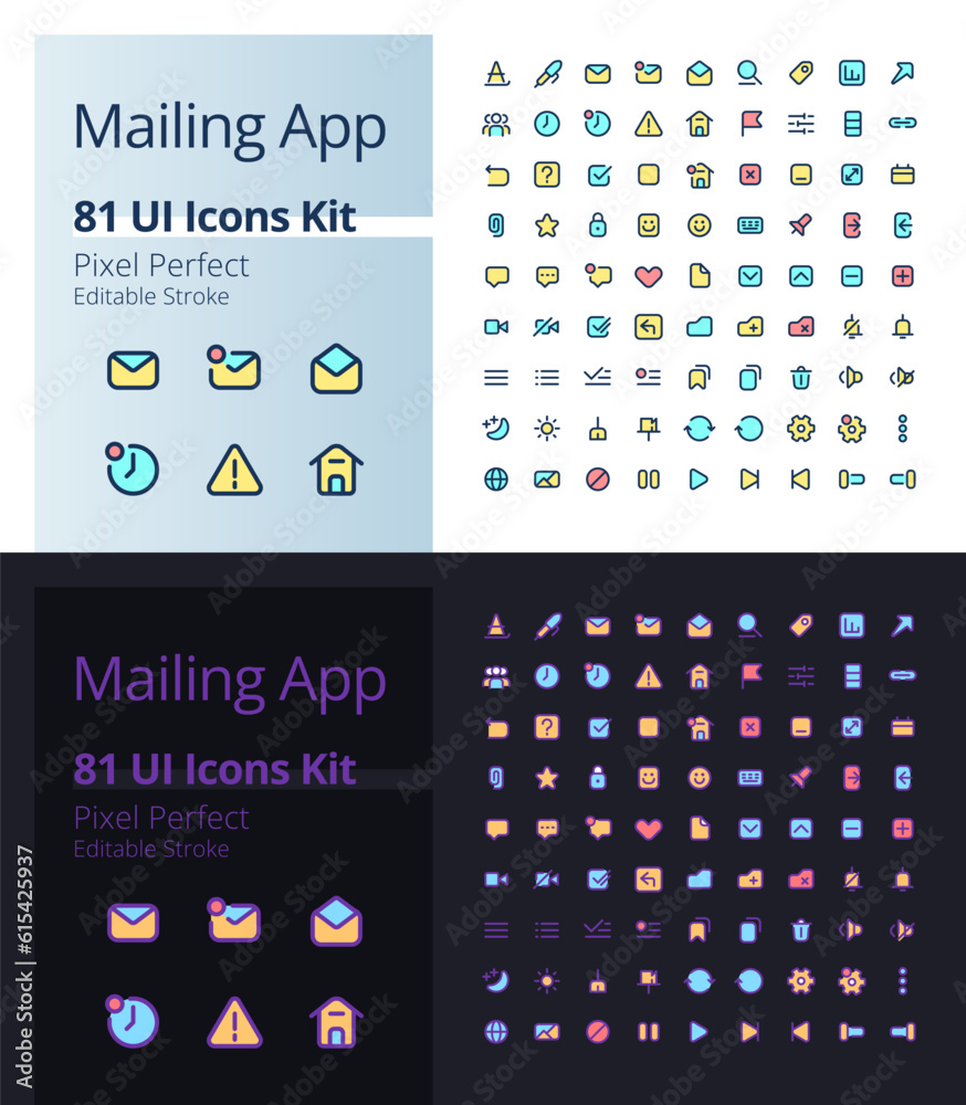 Mailing app pixel perfect RGB color ui icons kit for dark, light mode. Communication online. GUI ...