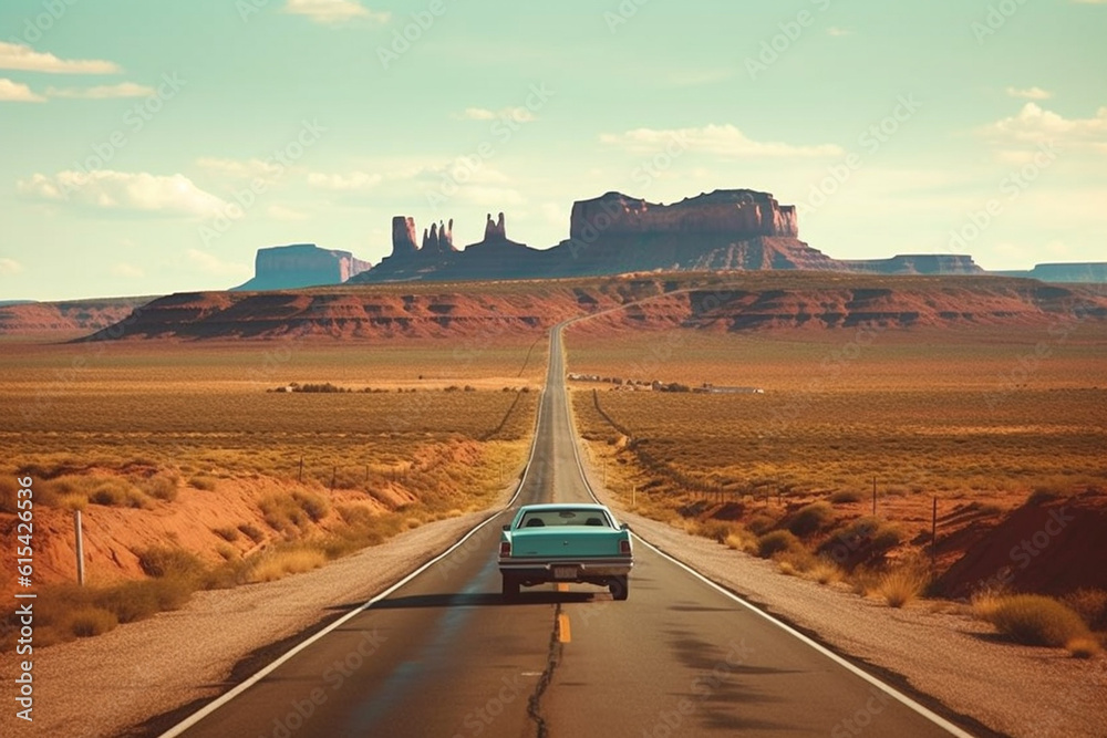 American desert road in wild west with vintage car Stock Illustration ...