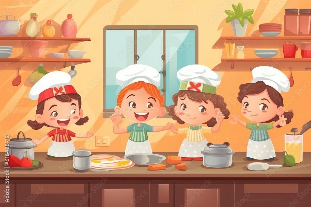 Cartoon little children cooking in the kitchen. Generative AI Stock ...
