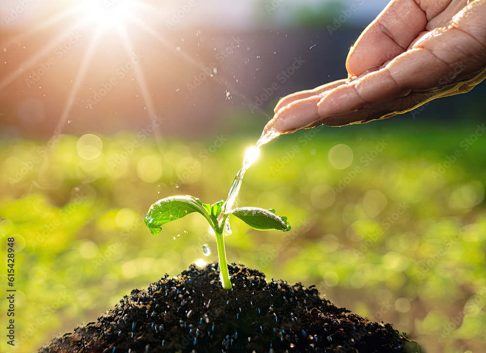 hand watering plants Young trees in the garden with sunrise, blurred ...