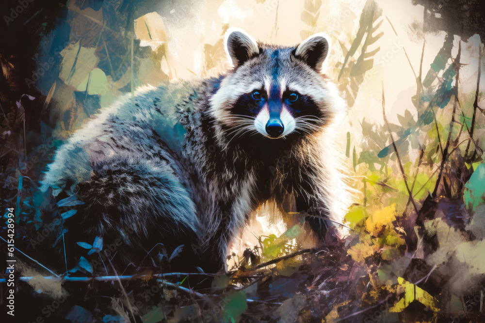 Captivating double-exposure raccoon foraging in twilight woods, evoking ...
