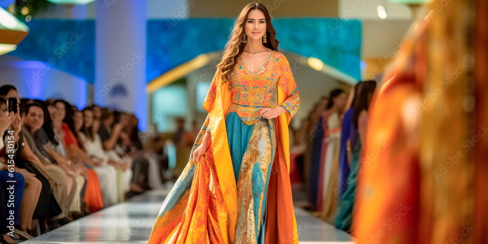 beautiful model walking the catwalks in full length at a fashion show ...