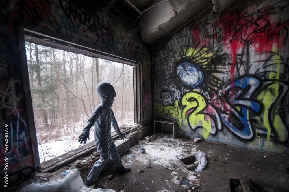 alien graffiti artist using spray paint to decorate abandoned building ...