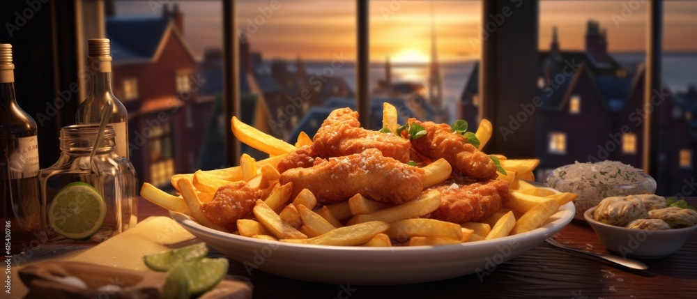 Delicious French fries and deep-fried fish. Golden and crispy fish ...