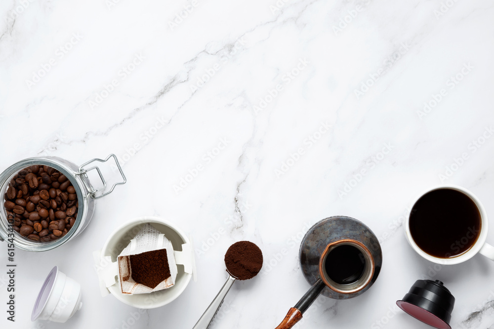 Ingredients for making coffee. Different ways to make coffee metal ...