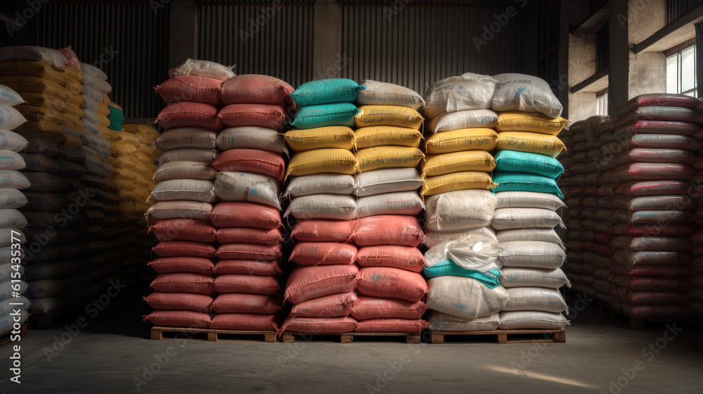 Sacks of goods stacked in a warehouse. Generative AI Stock Illustration ...