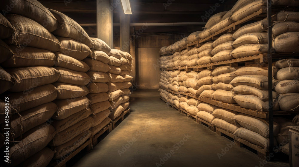 Sacks of goods stacked in a warehouse. Generative AI Stock Illustration ...