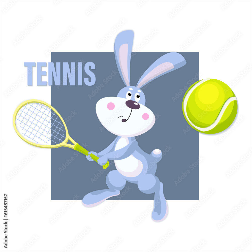 Hare, bunny, tennis player. Vector rabbit with a racket and tennis ball playing tennis. Cute ...