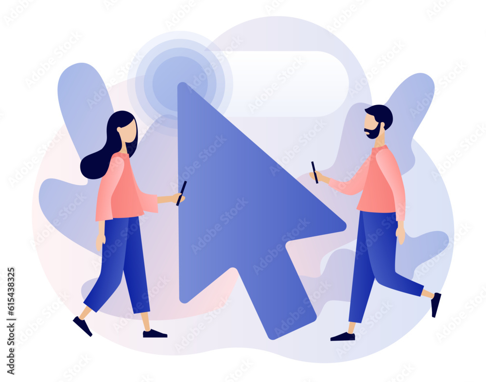 Cursor pointer sign. Click here button. Tiny people with huge mouse arrow click. Internet ...