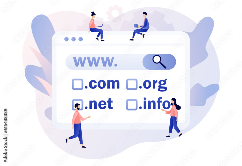 Domain registration concept. Online hosting service. Tiny people choose ...