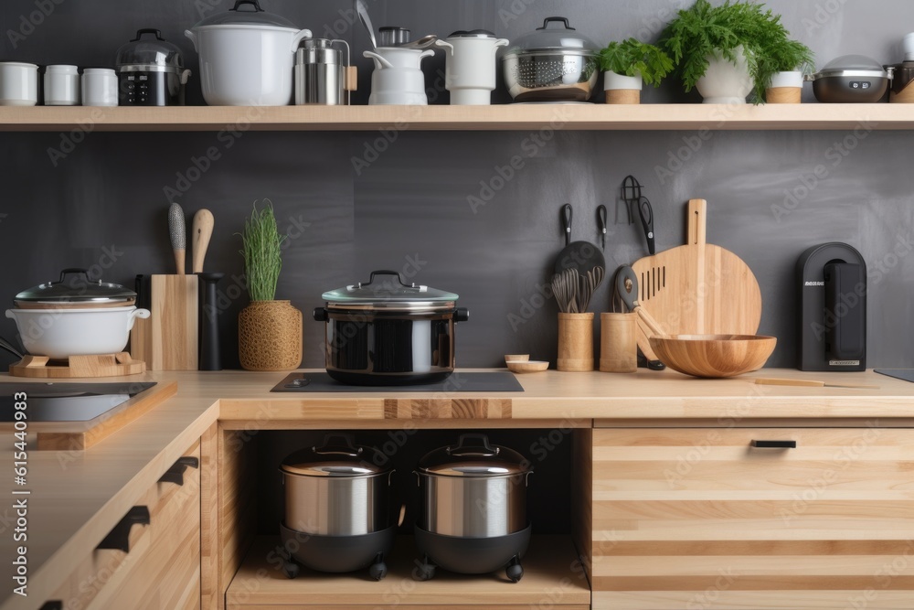 custom-built cooking station with slow cooker, rice cooker, and other ...