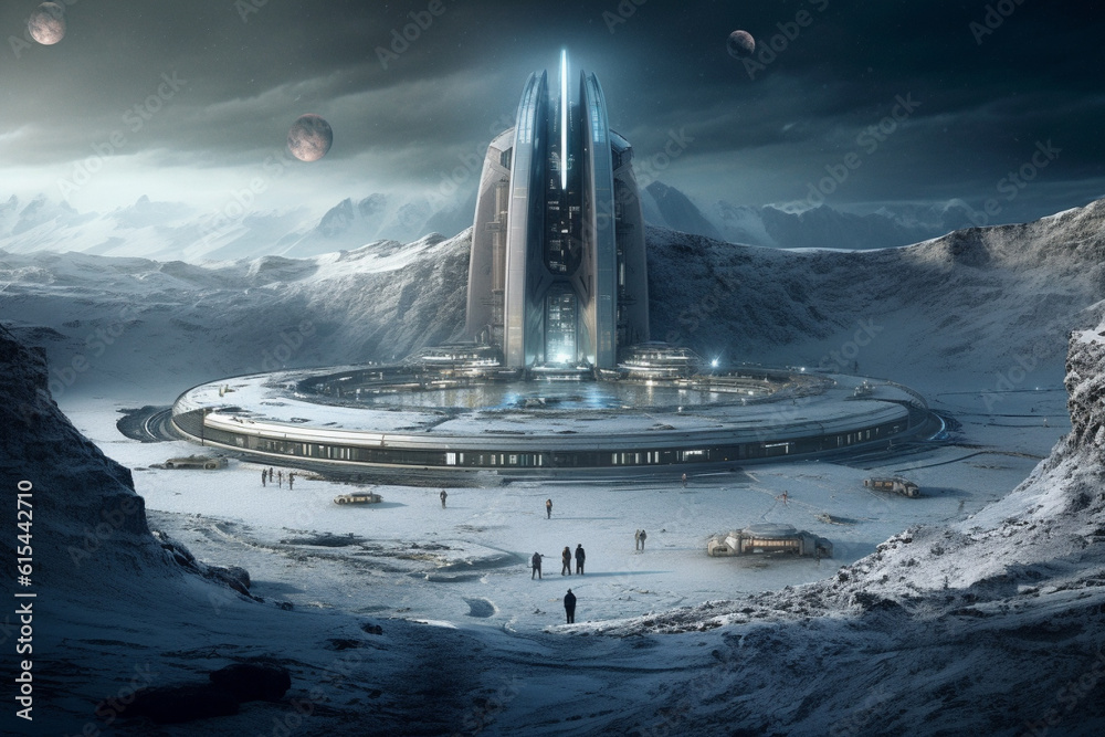 Sci fi futuristic alien base thriving on the enigmatic lunar landscape ...
