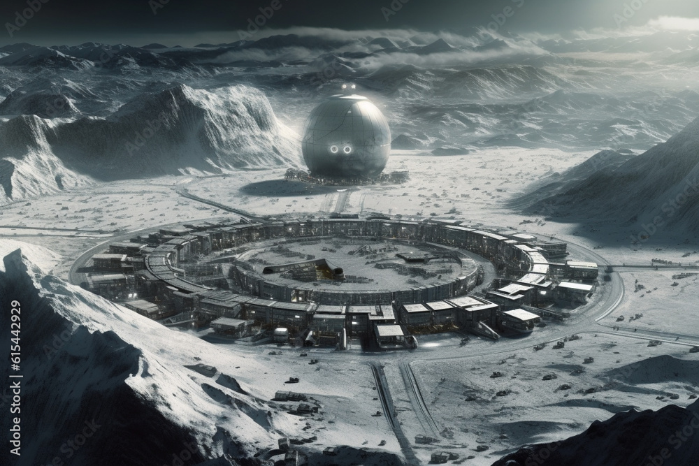 Sci fi futuristic alien base thriving on the enigmatic lunar landscape ...