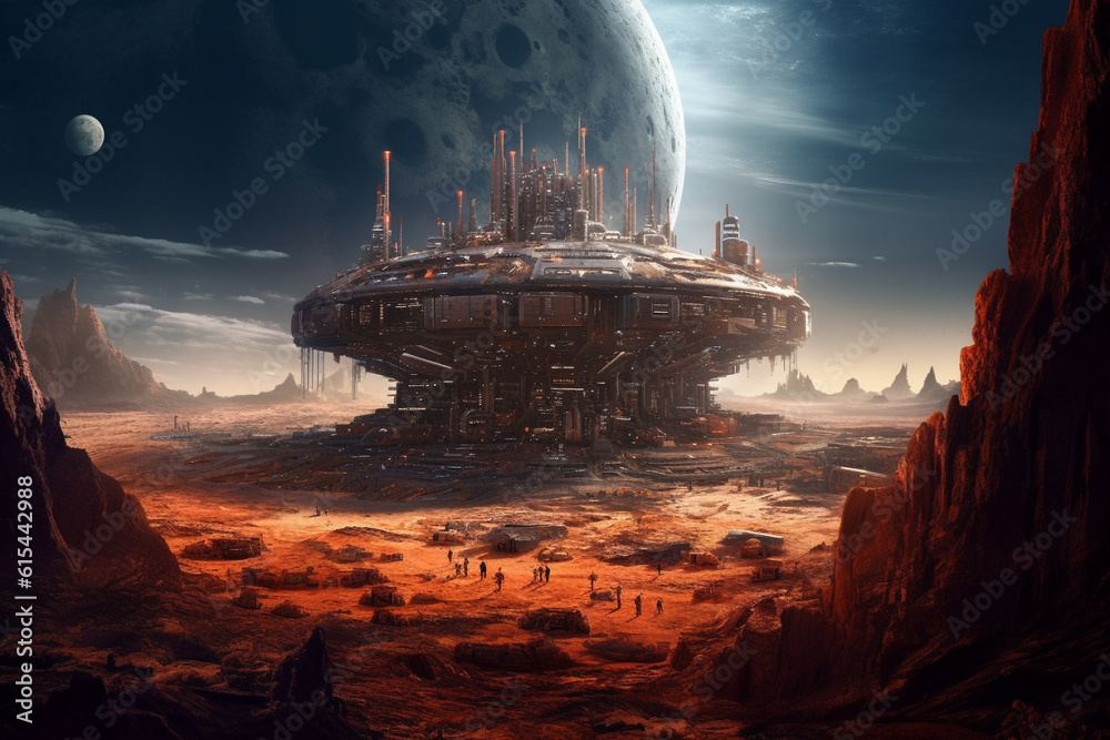 Sci fi futuristic alien base thriving on the enigmatic lunar landscape ...