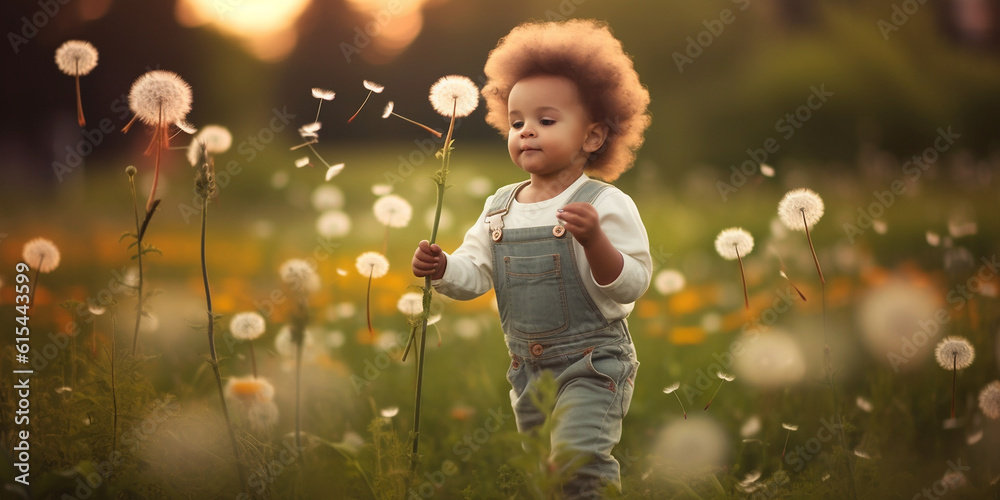 Süßes Kind auf der Wiese mit Pusteblumen und fliegen, ai generativ ...