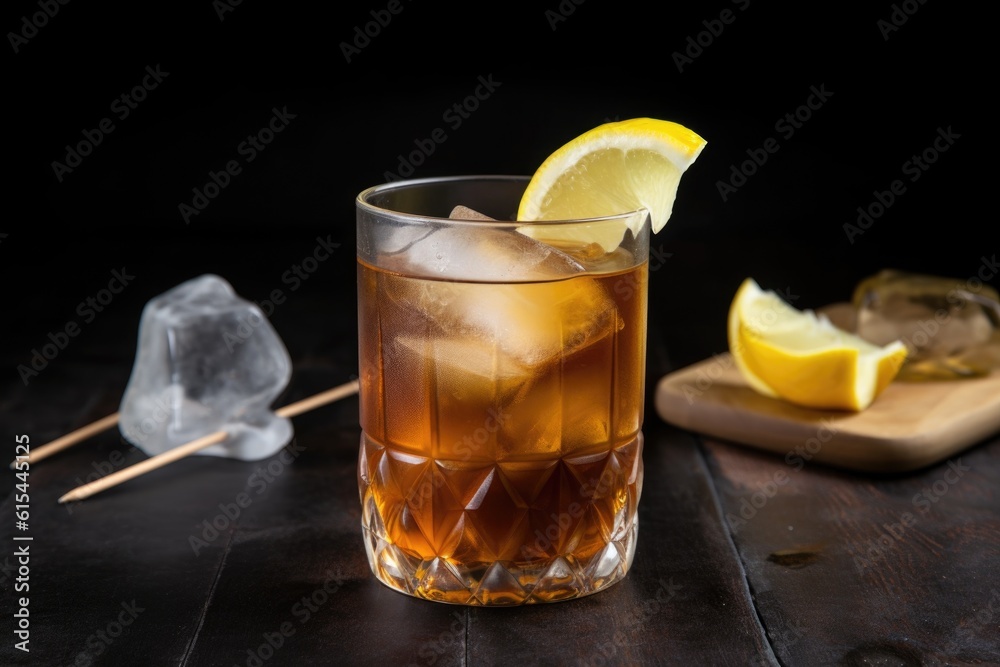 ice cube, tea bag, and straw in a glass of iced tea with lemon wedge on ...