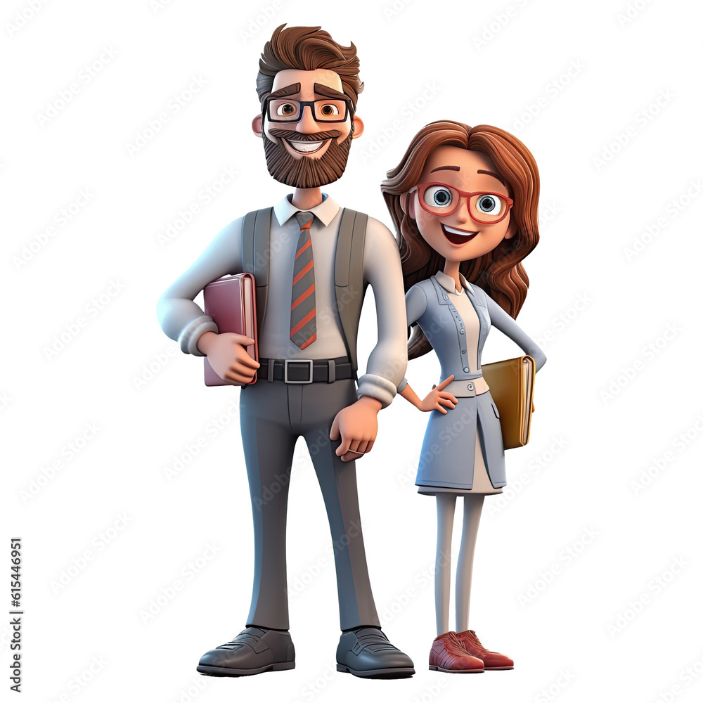 3D Cute cartoon male and female teacher character on transparent ...