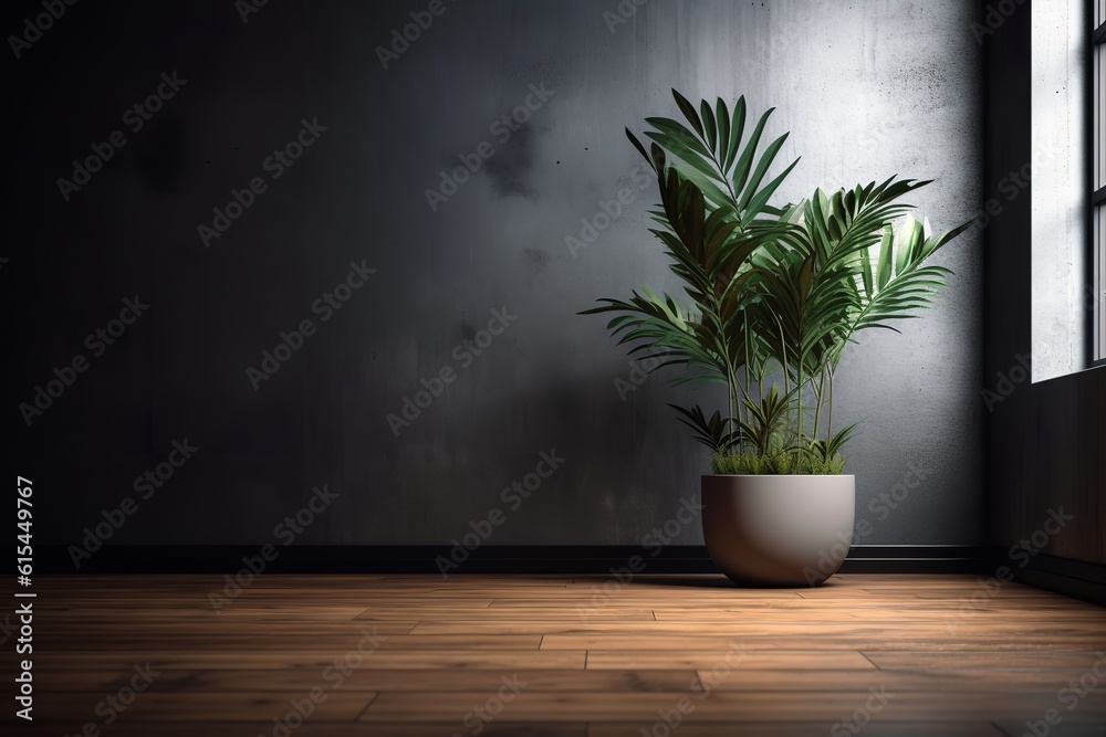 Serenity in Shadows: Plant in Pot Gracing a Dark Empty Room with ...