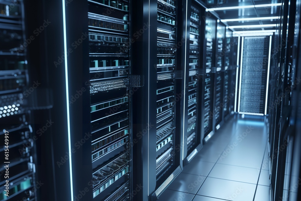 Technological Nexus: Close-Up of Data Center Computer Racks, Data ...