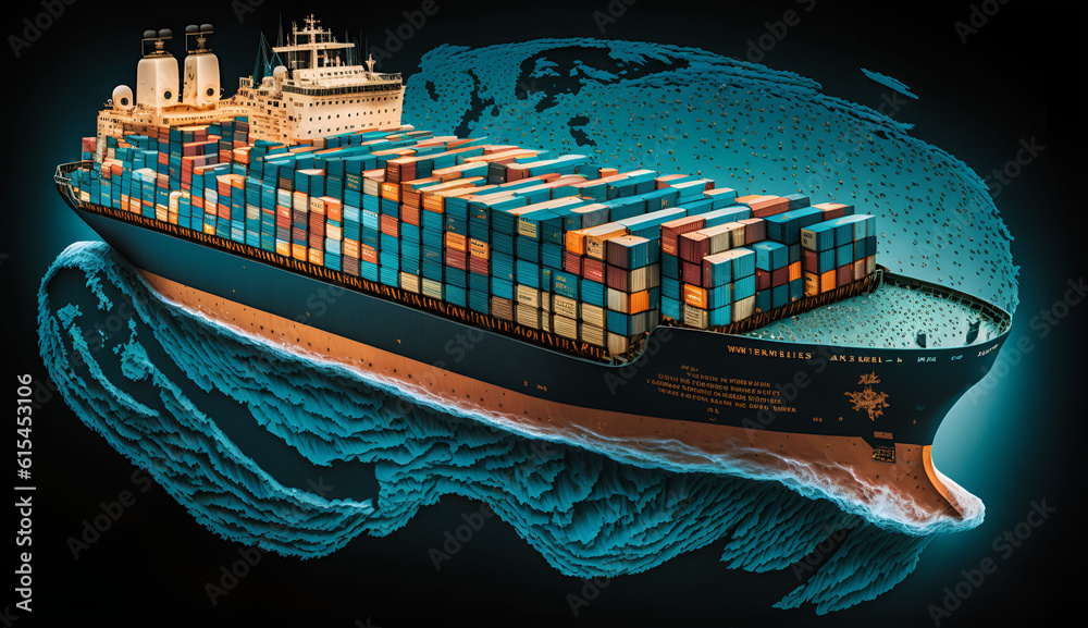 Aerial view container ship with world map digital network, Global ...