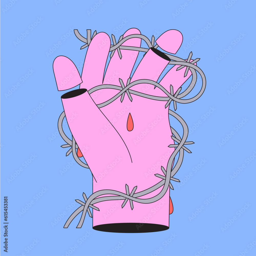 Tattoo doodle with outline hand bleeding cut by barbed steel wire ...