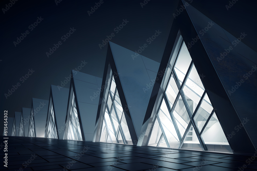 Abstract modernist architecture featuring a row of triangular-shaped ...