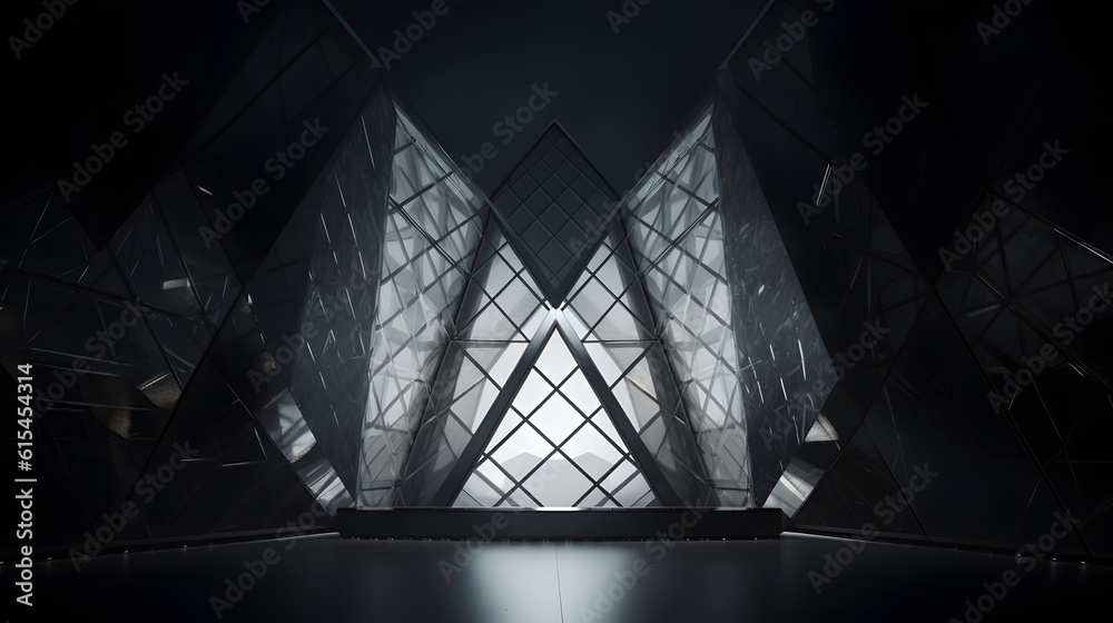 A modern and sleek triangular-shaped structure made of glass and metal ...