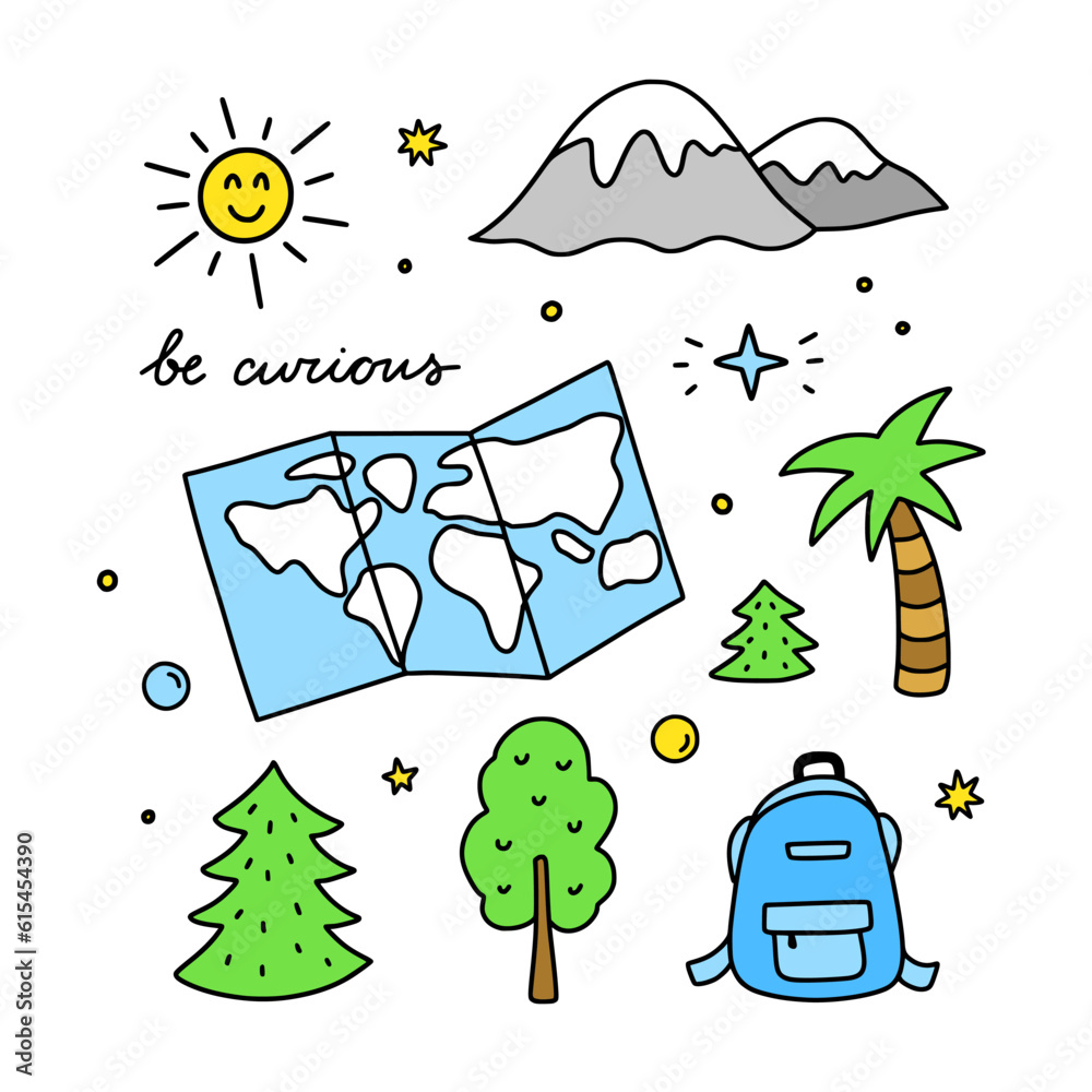Travel doodle clipart. Hand drawn vector travel set: map, mountains ...