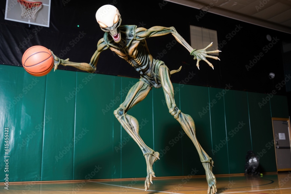 alien basketball player jumping for slam dunk with his long, spindly ...