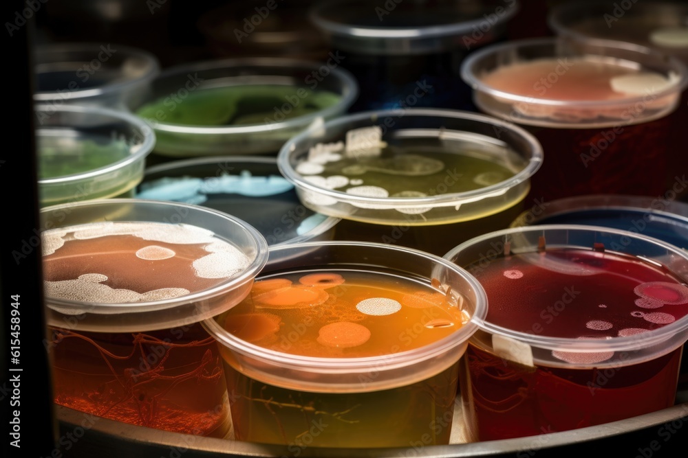 microbial cultures growing on agar plates, with petri dishes and ...