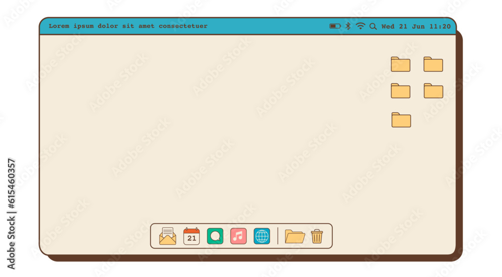 Minimal vintage retro vibe nostalgic OS with menu bar, folders and dock ...
