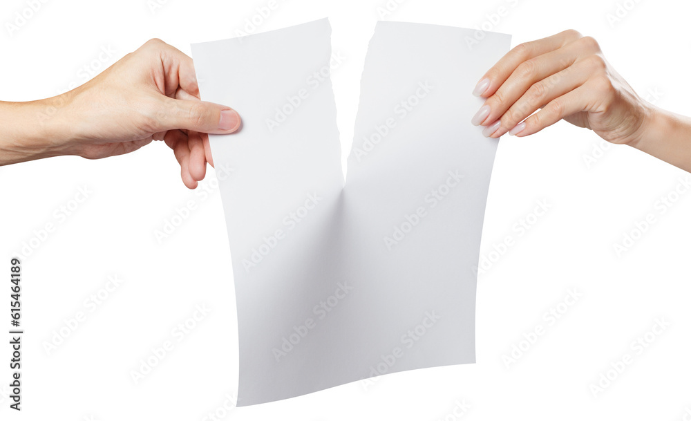 Hands tearing a sheet of white A4 paper in half, cut out foto de Stock ...