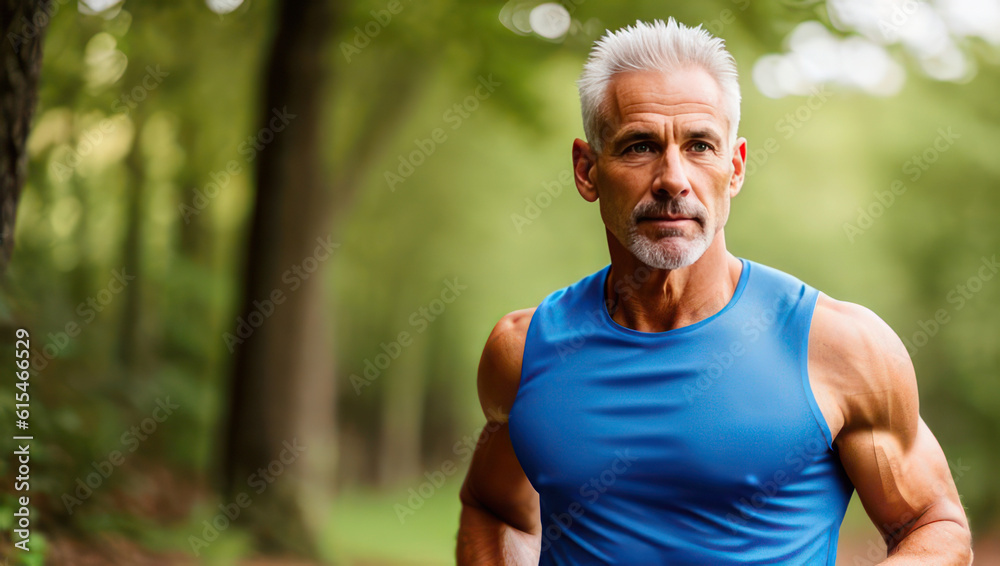 Handsome old man with a muscular body in sportswear running in park ...