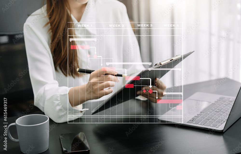 Business woman hand Project manager working and update tasks and Gantt ...