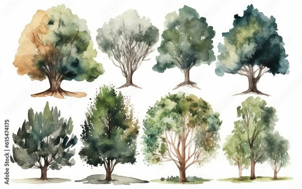 Watercolor trees collection. Set of hand drawn trees. Forest tree pack ...
