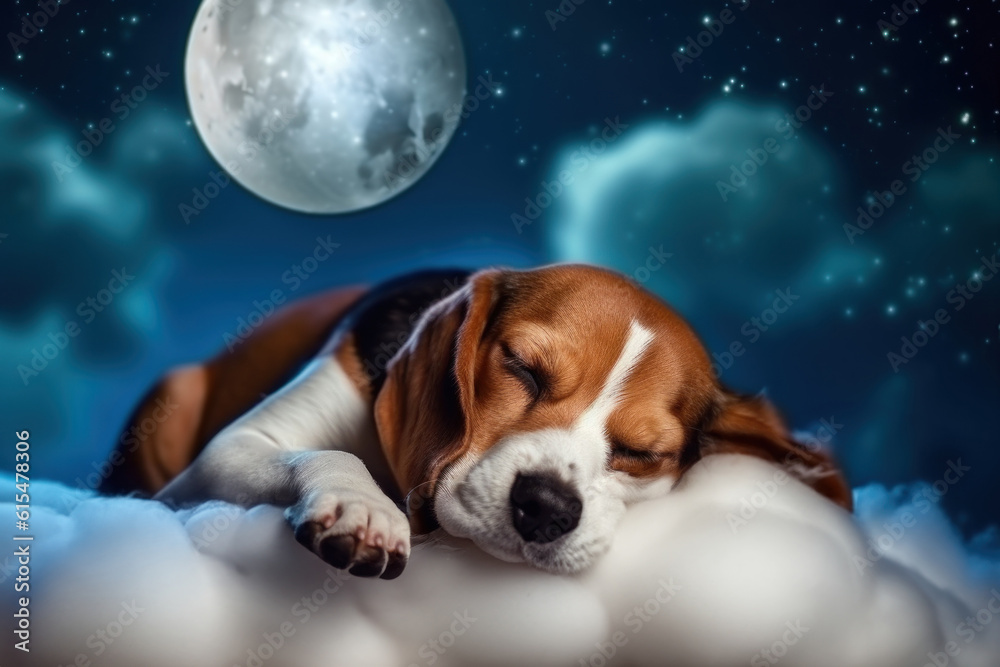 Puppy of beagle dog sleeping on puffy cloud, starry night sky and moon ...