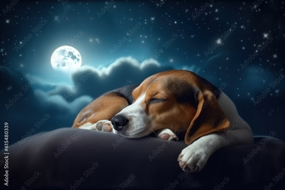Puppy of beagle dog sleeping on cushion, starry night sky with moon on ...