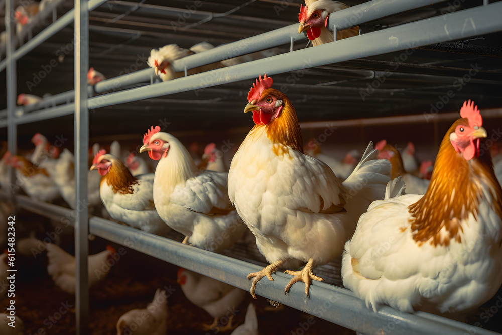 Poultry farm broiler farm with a group of adult laying hens in a modern ...