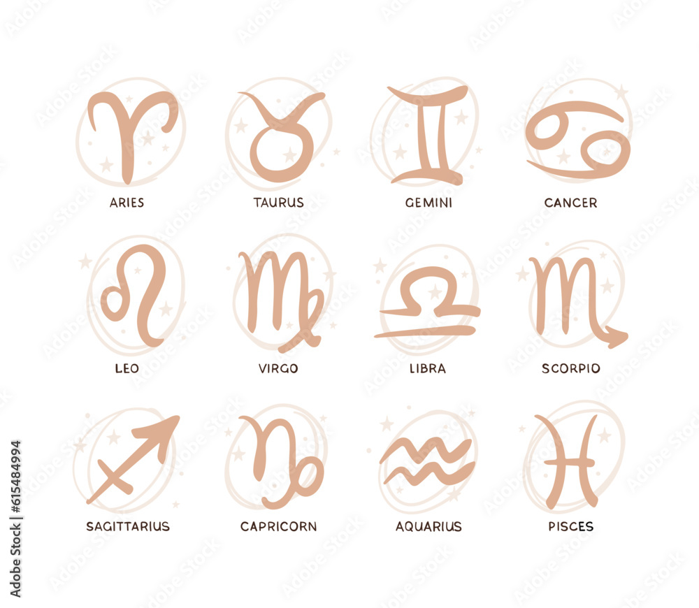 Set of 12 zodiac signs symbols with title, astrology banner in beige ...