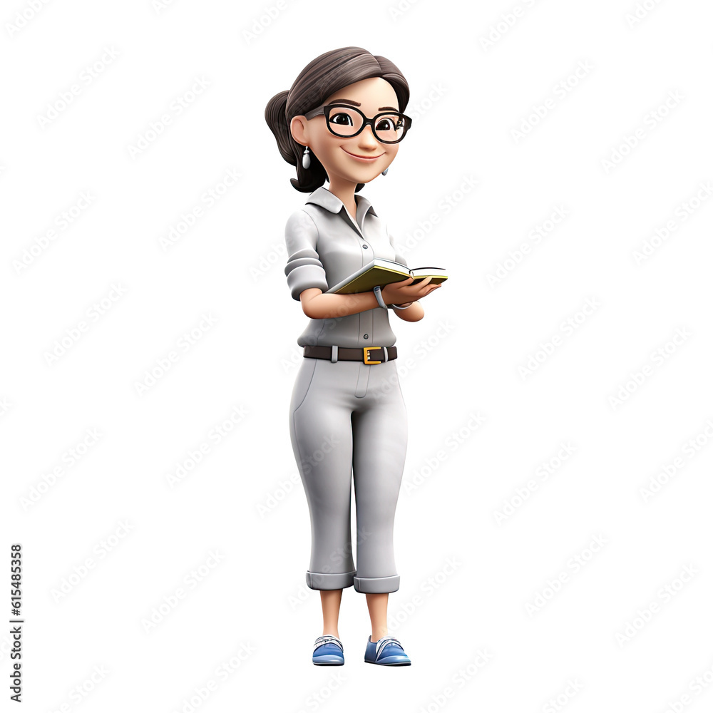 3D Cute cartoon female teacher character on transparent background ...