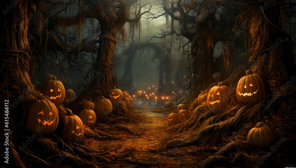 pumpkin forest Halloween wallpaper. In the style of dark chiaroscuro ...