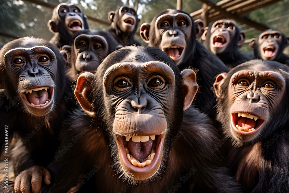 group of funny Chimpanzee making selfie standing upright and looking ...