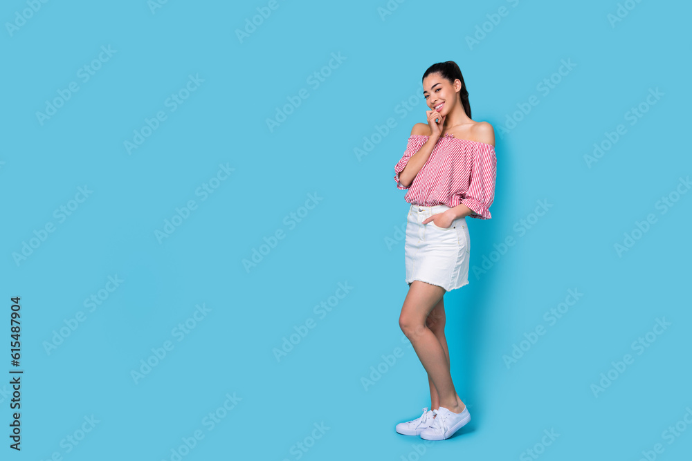 Full Body Photo Of Young Model Japanese Girl Wear Mini Skirt Pink Top Free Shoulders Posing For