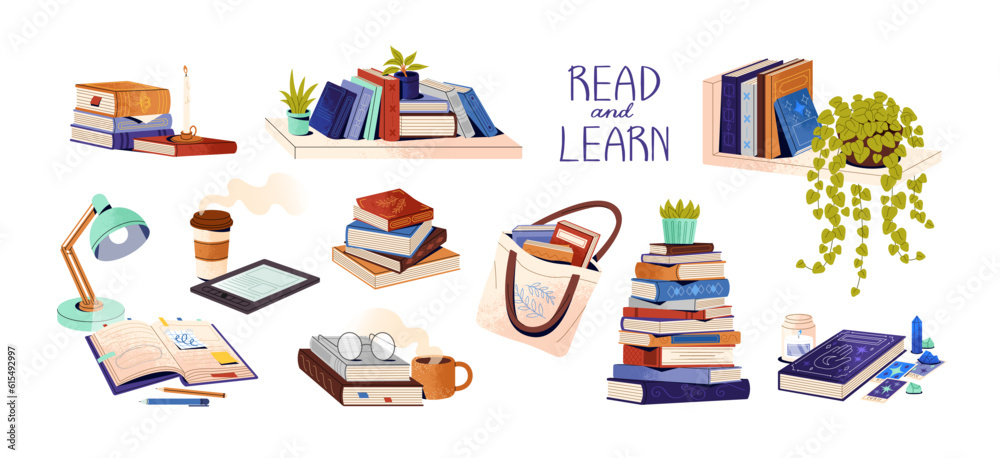 Piles of different books set. Stacks, heaps of paper textbooks for ...