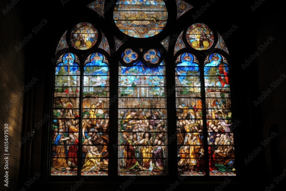 stained glass window depicting biblical story, with scenes of creation ...