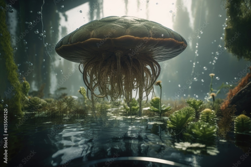 alien life form levitating above water, surrounded by aquatic plants ...