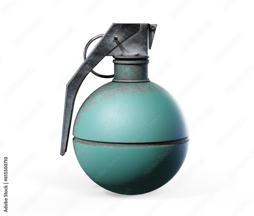 Hand grenade on a white background as an unexploded bomb object with a ...