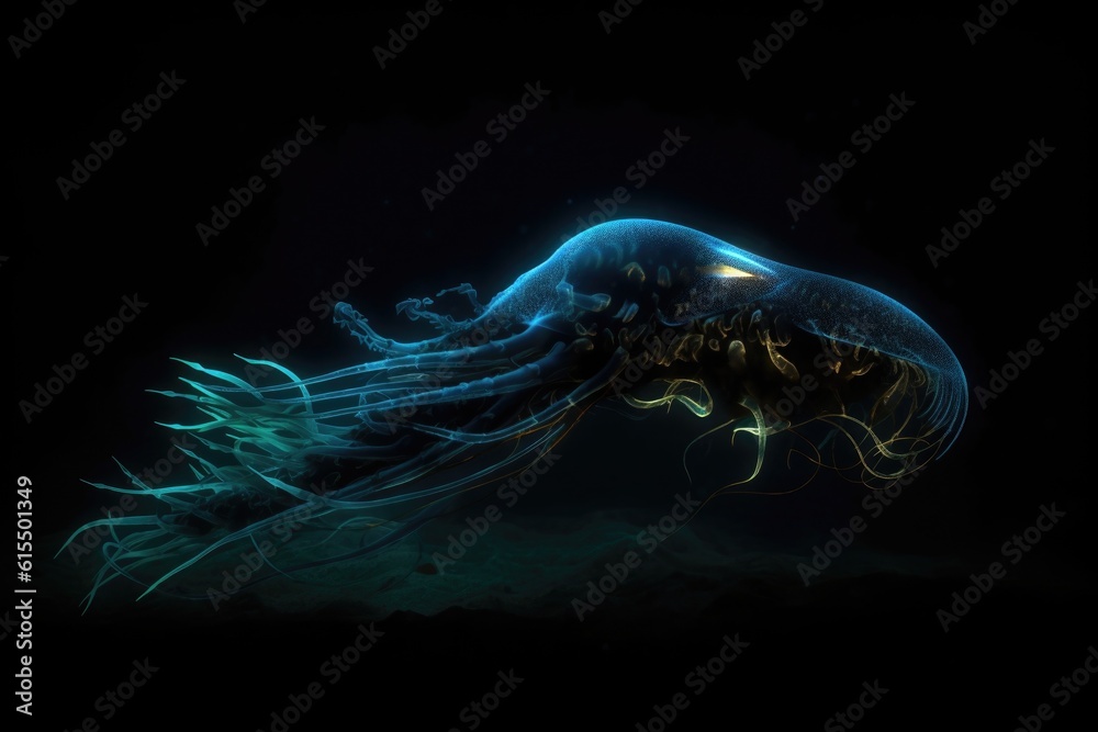 deep-sea creature is illuminated by bioluminescence, with its ...