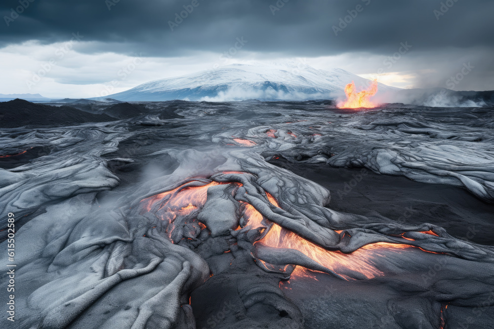 Generative AI illustration of flowing and cold magma from volcano under ...